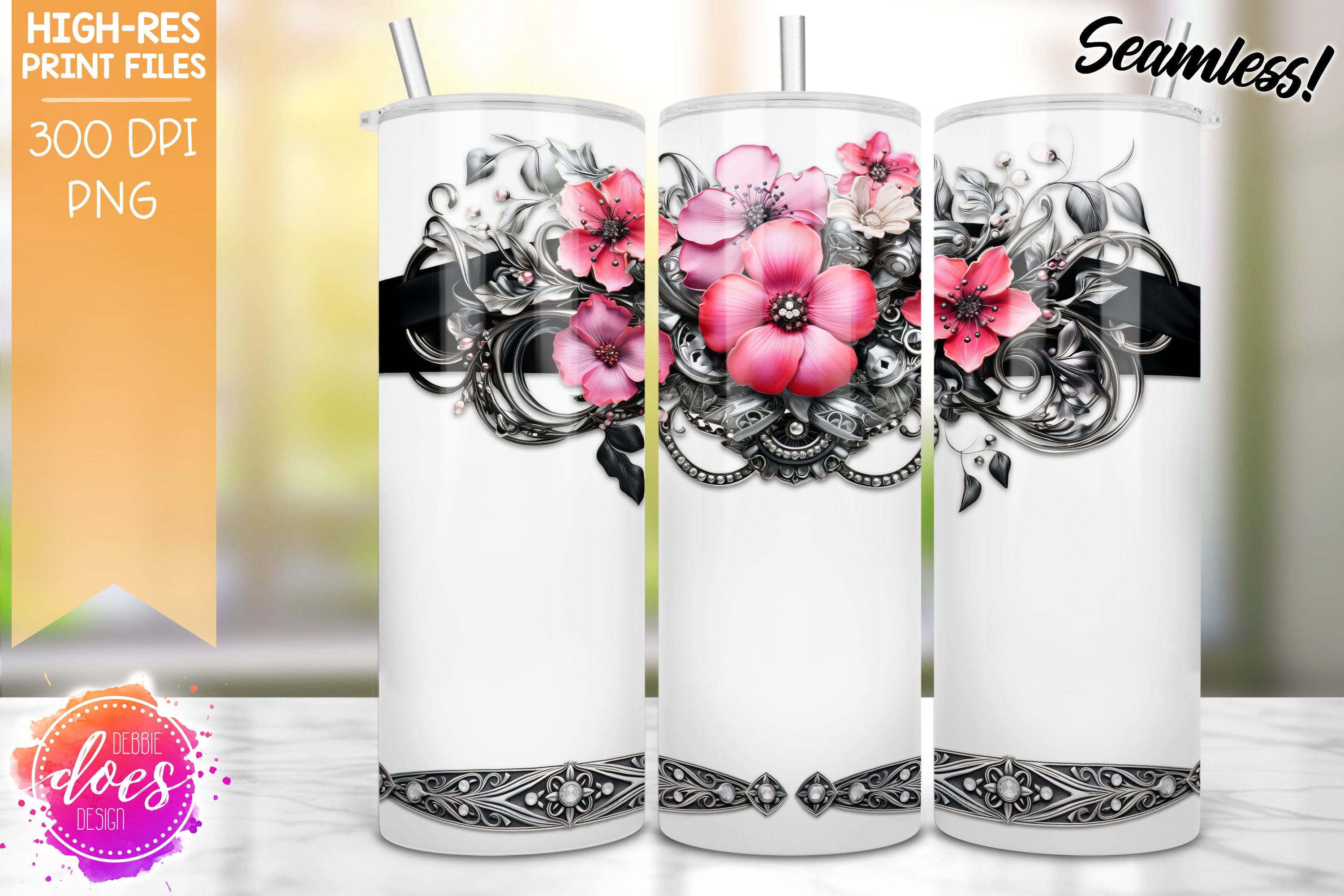 3D Hot Pink Black Silver Floral - Tumbler - Seamless - Printable/Subli ...