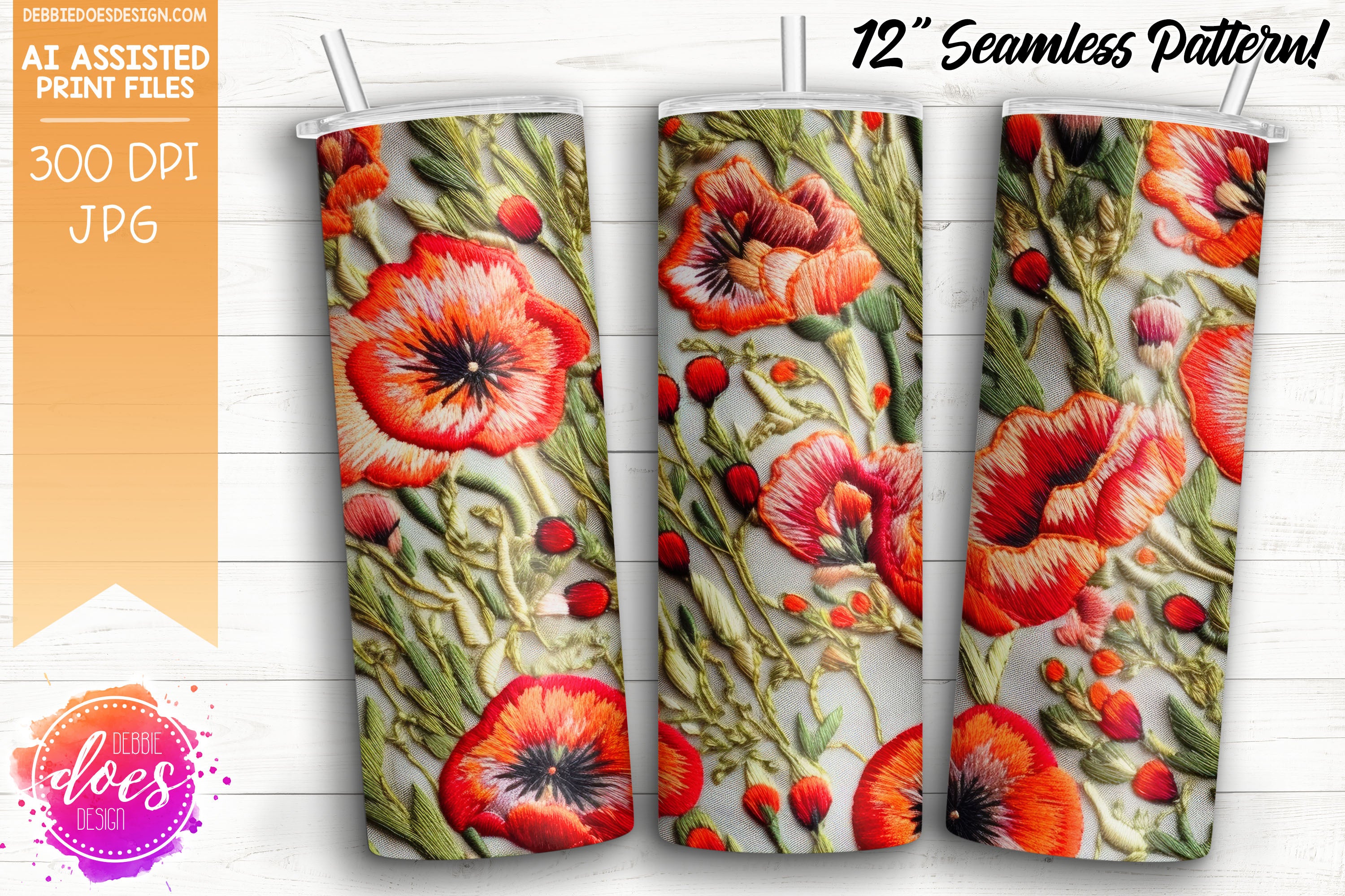 Embroidery Seamless Pattern - Poppies 3 - Design Elements – Debbie Does ...