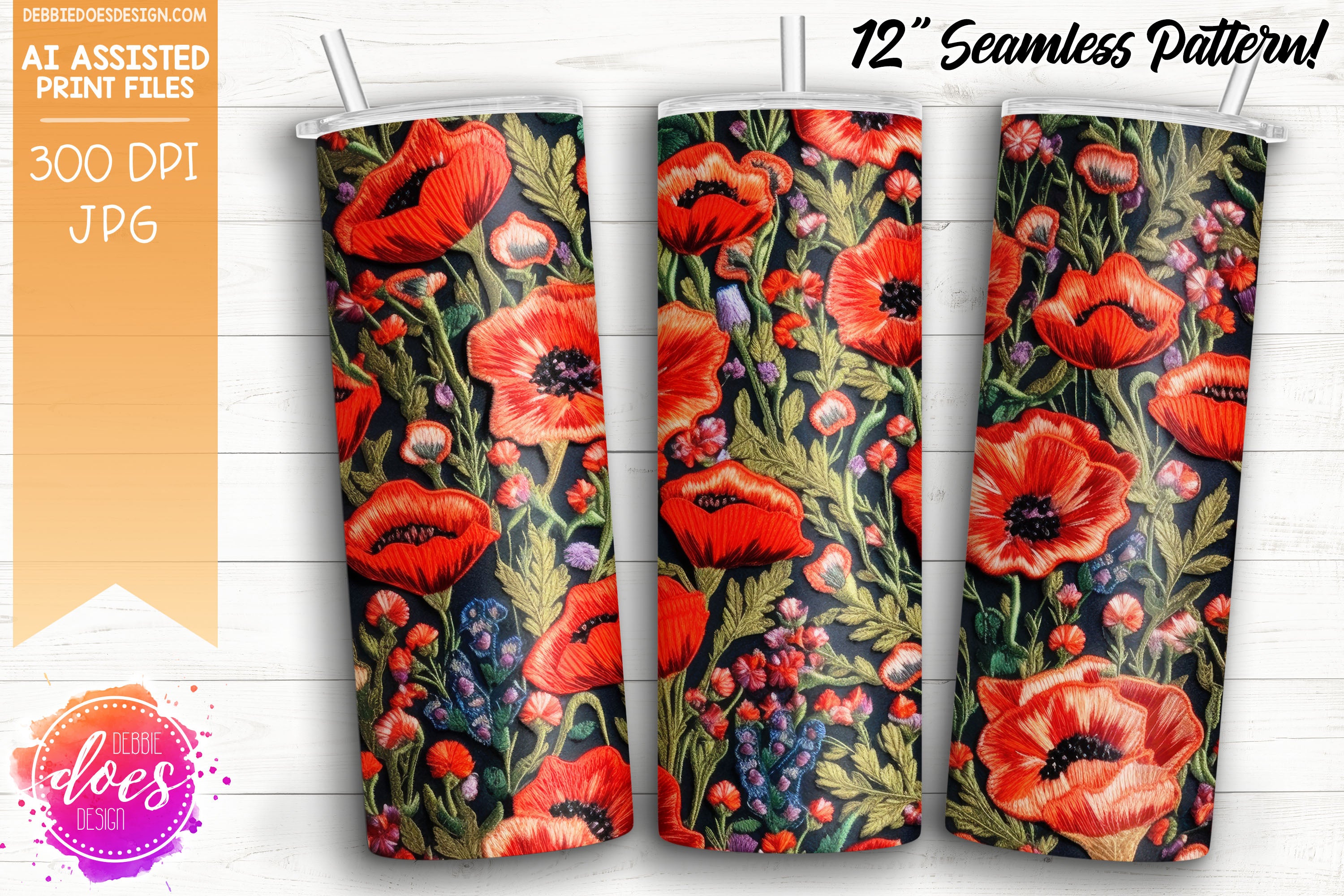 Embroidery Seamless Pattern - Poppies 4 - Design Elements– Debbie Does ...