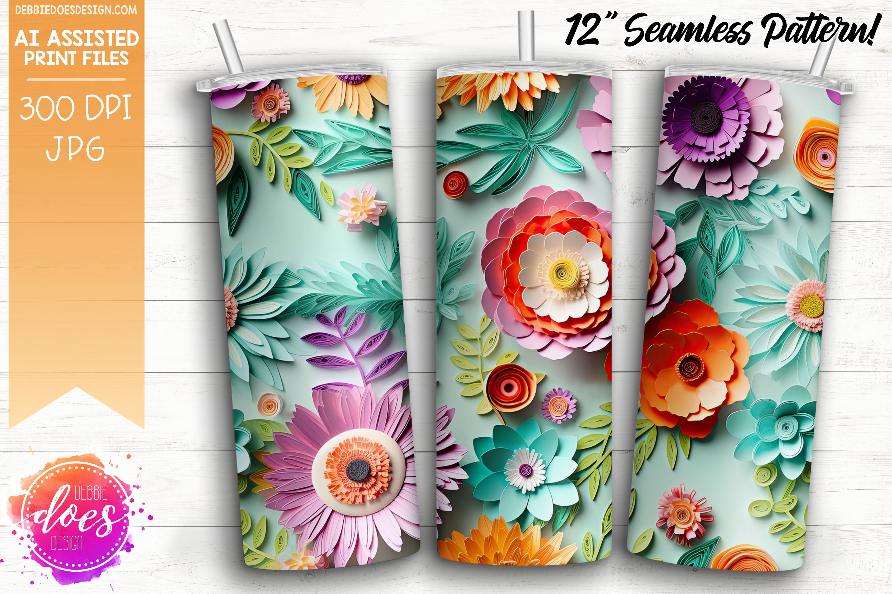Paper Flowers - Coral Teal Purple - Seamless Pattern 1- Design Element ...